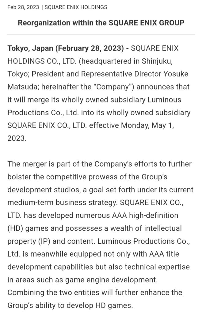 Luminous Productions To Be Merged With Square Enix After Forspoken ...